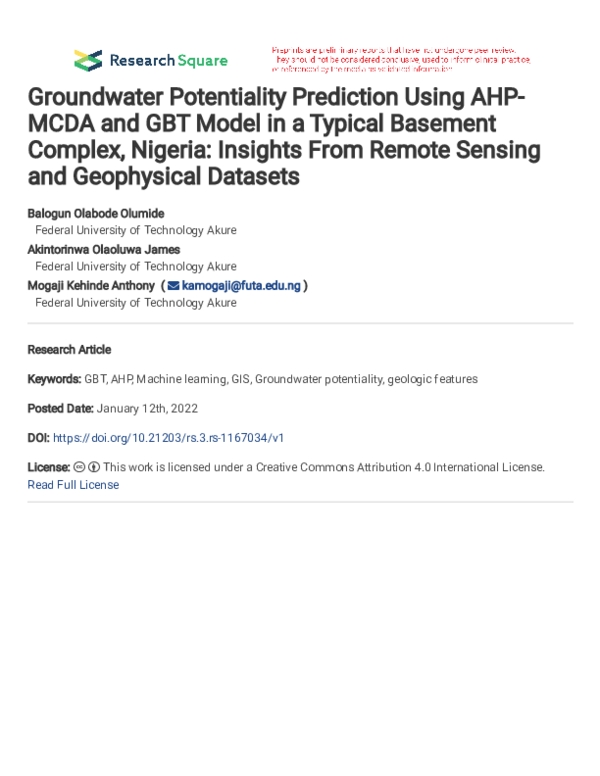 (PDF) Groundwater Potentiality Prediction Using AHP-MCDA and GBT Model ...