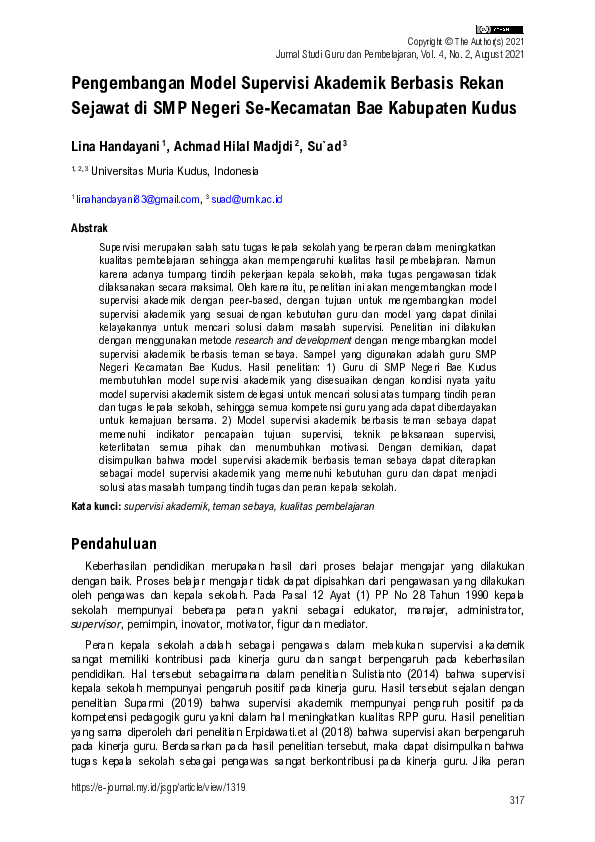 (PDF) Pengembangan Model Supervisi Akademik Berbasis Rekan Sejawat di SMP Negeri Se-Kecamatan ...