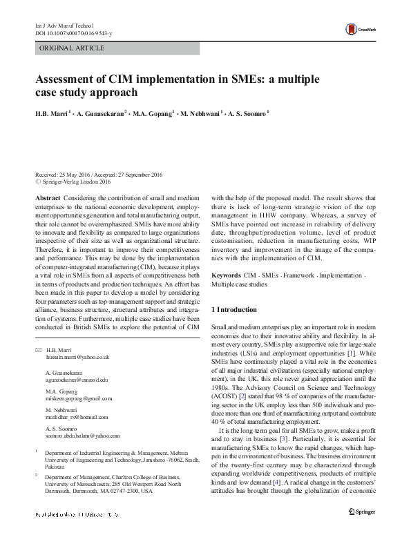 (PDF) Assessment of CIM implementation in SMEs: a multiple case study approach