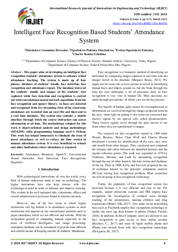 (PDF) Intelligent Face Recognition Based Students' Attendance System