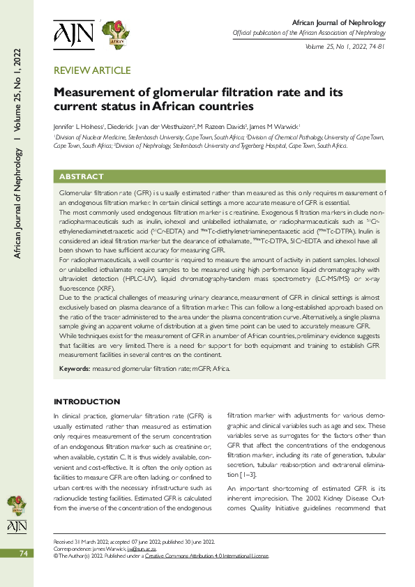 (PDF) Measurement of glomerular filtration rate and its current status ...