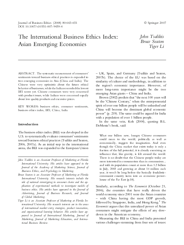 (PDF) The International Business Ethics Index: Asian Emerging Economies