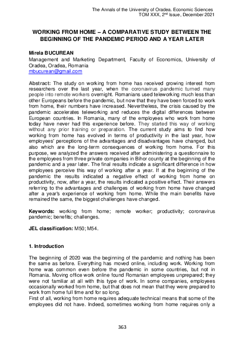 (PDF) Working from Home – a Comparative Study Between the Beginning of the Pandemic Period and a ...