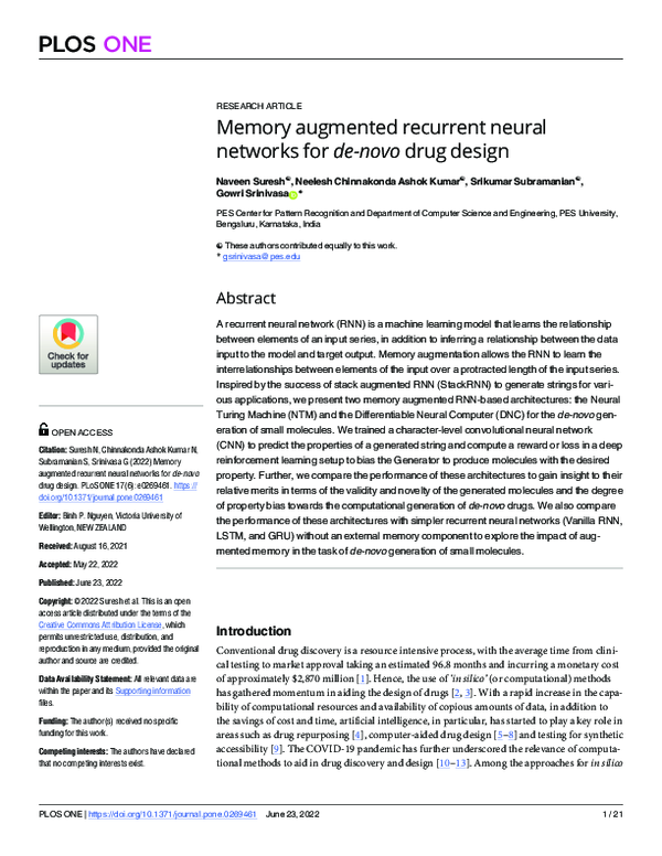 (PDF) Memory augmented recurrent neural networks for de-novo drug design | Gowri Srinivasa ...