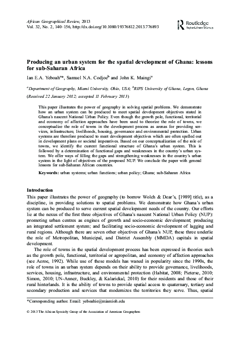 (PDF) Urban System Development in Ghana: Lessons for Sub-Saharan Africa