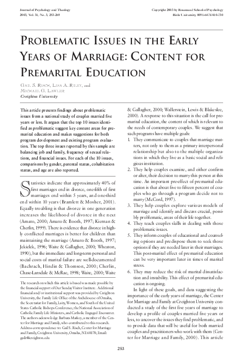 (PDF) Problematic Issues in the Early Years of Marriage: Content for ...