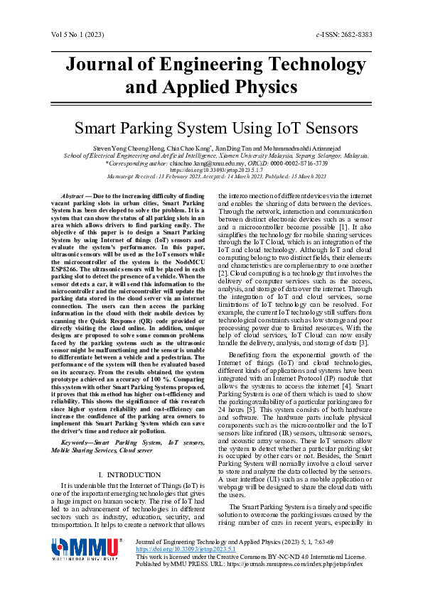 (PDF) Smart Parking System Using IoT Sensors