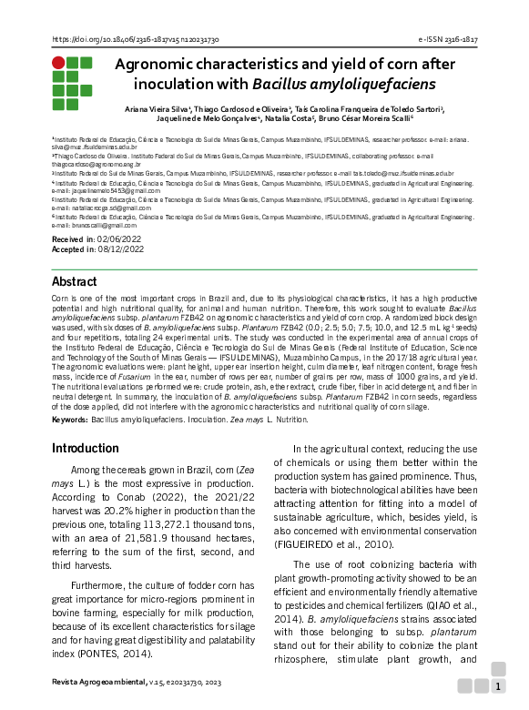 (PDF) Agronomic characteristics and yield of corn after inoculation with Bacillus amyloliquefaciens