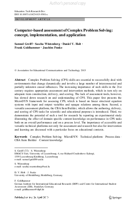 (PDF) Computer-based assessment of Complex Problem Solving: concept, implementation, and application