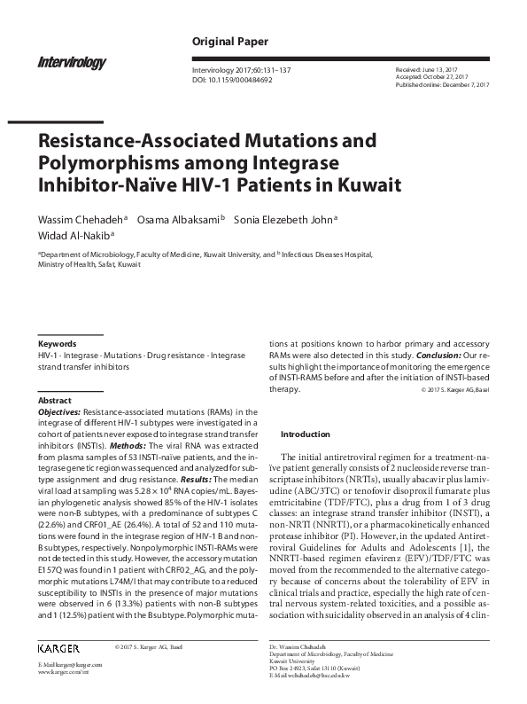 (PDF) Resistance-Associated Mutations and Polymorphisms among Integrase ...