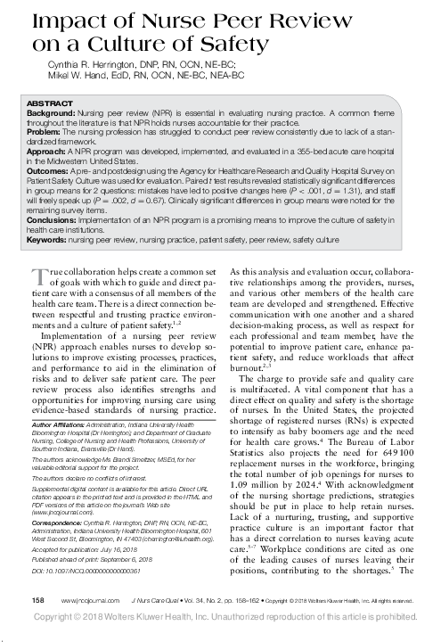 (PDF) Impact of Nurse Peer Review on a Culture of Safety