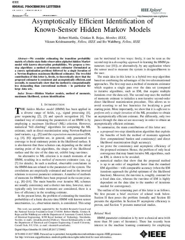 (PDF) Asymptotically Efficient Identification of Known-Sensor Hidden Markov Models