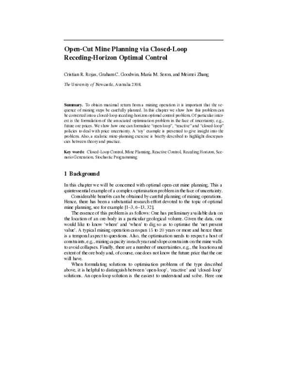 (PDF) Open-cut Mine Planning via Closed-loop Receding-horizon Optimal Control