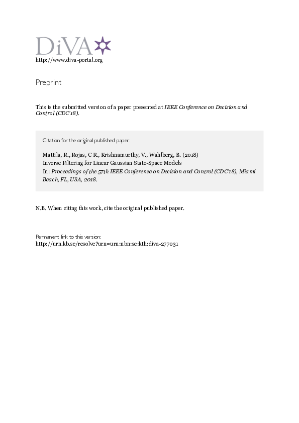 (PDF) Inverse Filtering for Linear Gaussian State-Space Models