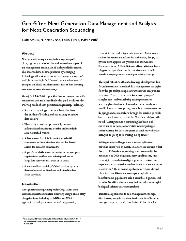 (PDF) GeneSifter: Next Generation Data Management and Analysis for Next Generation Sequencing