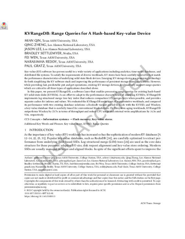 (PDF) KVRangeDB: Range Queries for a Hash-based Key–Value Device