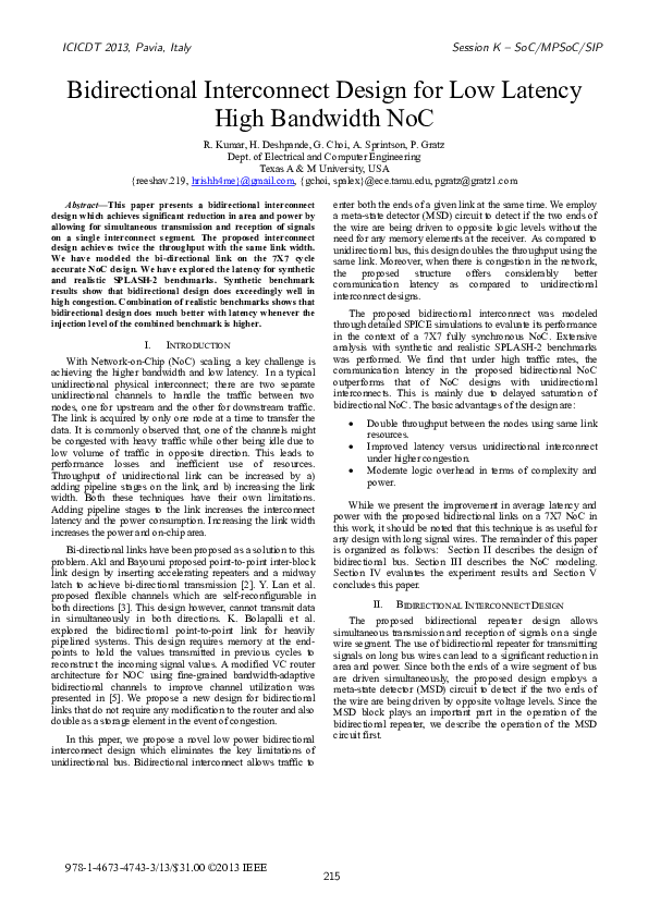 (PDF) Bidirectional interconnect design for low latency high bandwidth NoC