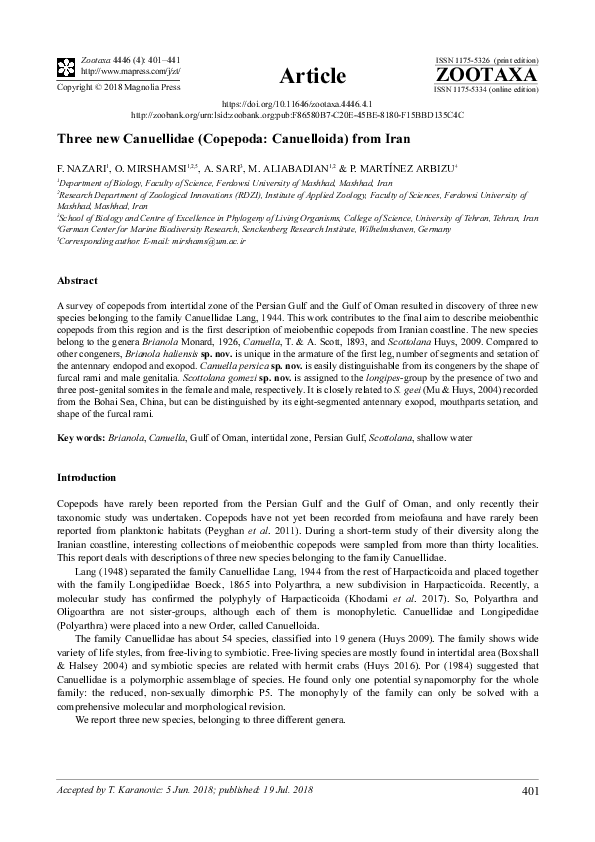 (PDF) Three new Canuellidae (Copepoda: Canuelloida) from Iran