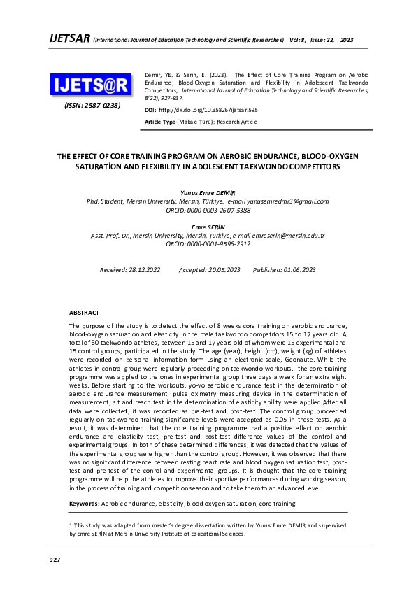 (PDF) The Effect of Core Training Program on Aerobic Endurance, Blood-Oxygen Satisfact