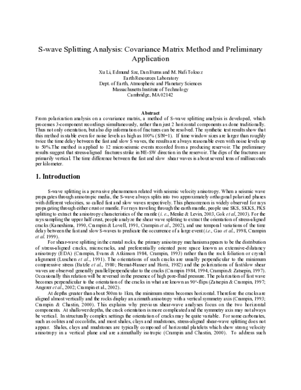 (PDF) S‐wave splitting analysis: Covariance matrix method and preliminary application