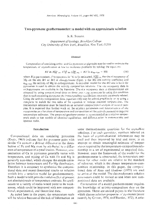 (PDF) Two-pyroxene geothermometer: a model with an approximate solution