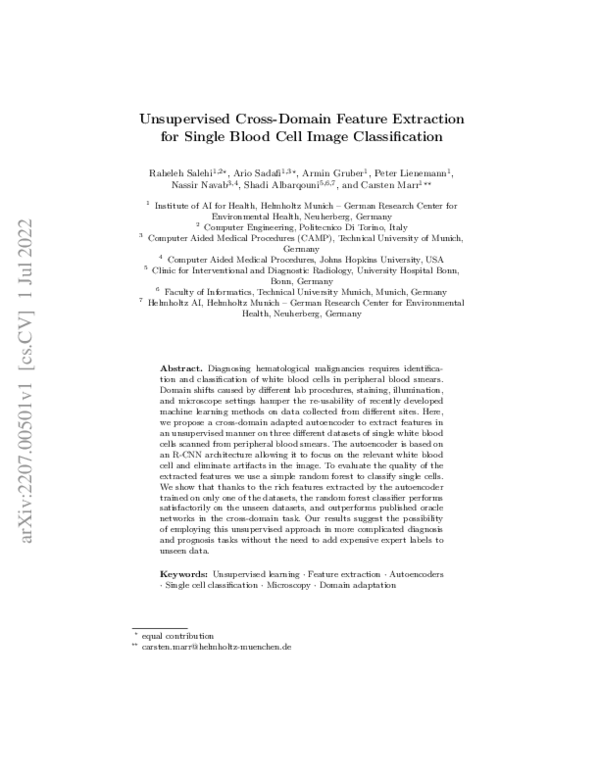 (PDF) Unsupervised Cross-Domain Feature Extraction for Single Blood Cell Image Classification