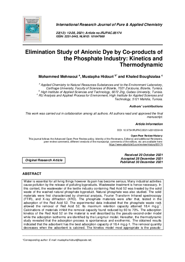 (PDF) Elimination Study of Anionic Dye by Co-products of the Phosphate Industry: Kinetics and ...