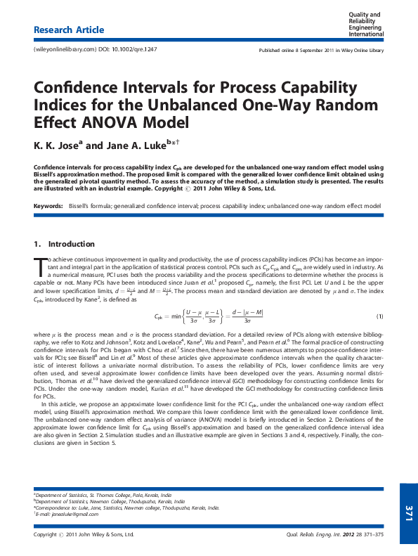 (PDF) Confidence Intervals for Process Capability Indices for the Unbalanced One‐Way Random ...