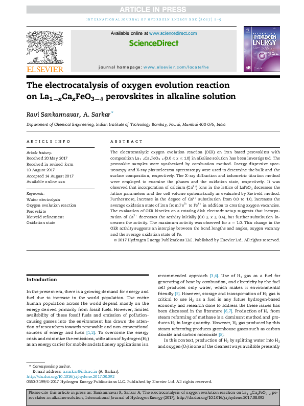 (PDF) The electrocatalysis of oxygen evolution reaction on La1−Ca FeO3− ...