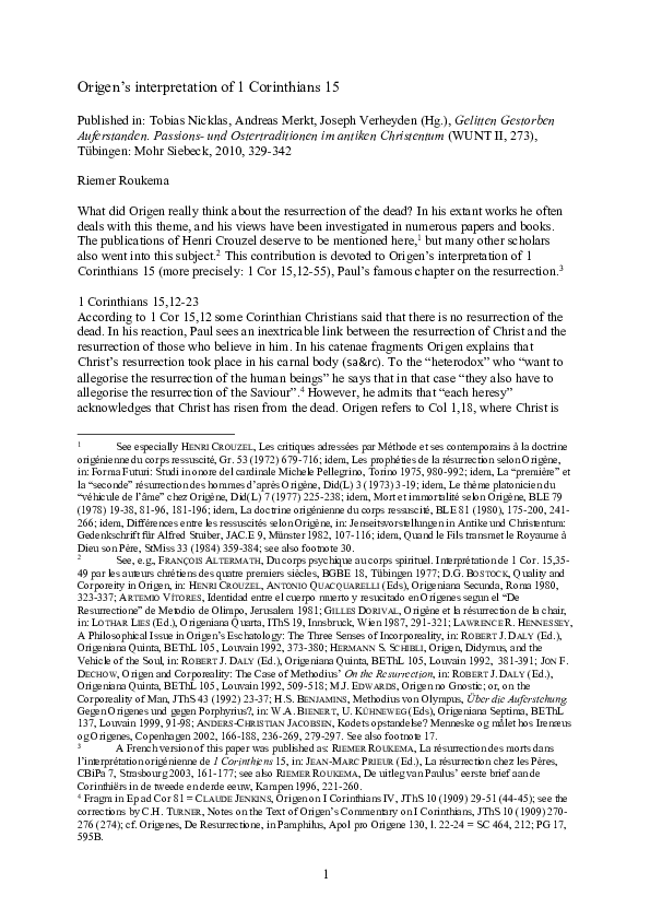 (PDF) Origen's Interpretation of 1 Corinthians 15