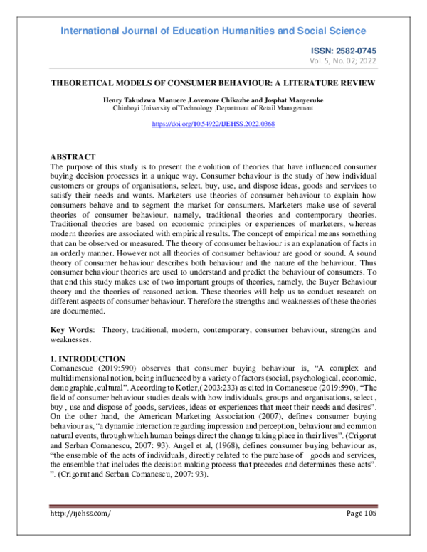 (PDF) Theoretical Models of Consumer Behaviour: A Literature Review