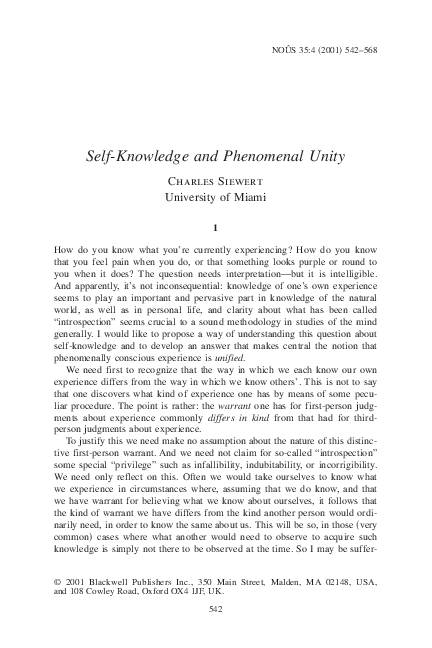 (PDF) Self-Knowledge and Phenomenal Unity
