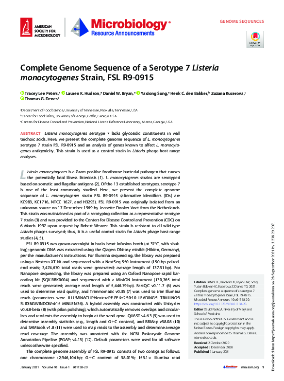 (PDF) Complete Genome Sequence of a Serotype 7 Listeria monocytogenes ...