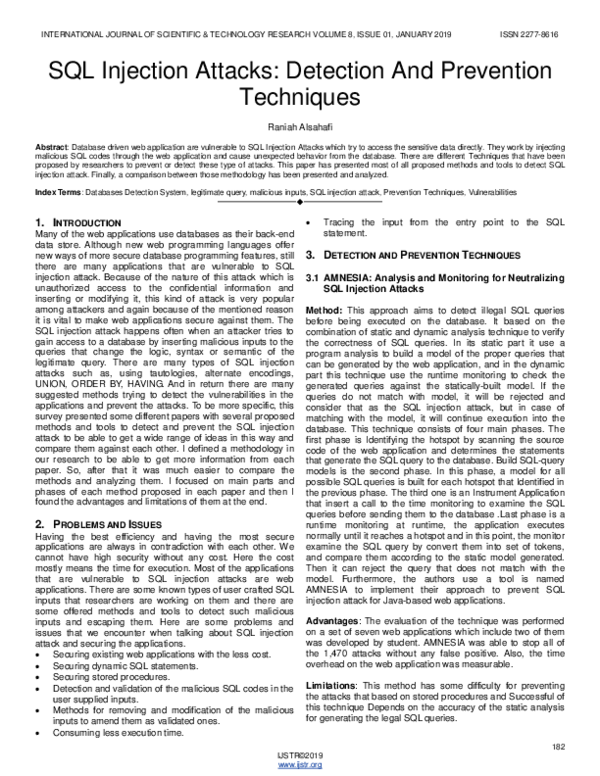 (PDF) SQL Injection Attacks: Detection And Prevention Techniques