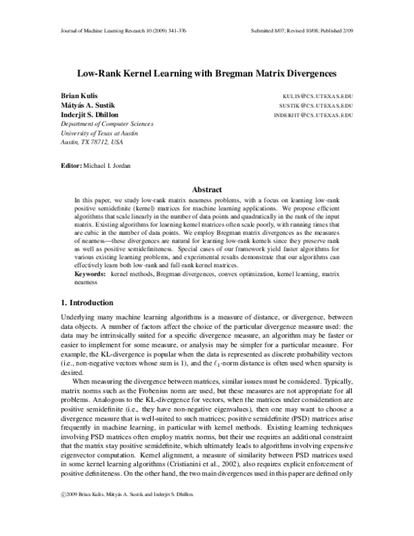 (PDF) Low-Rank Kernel Learning with Bregman Matrix Divergences