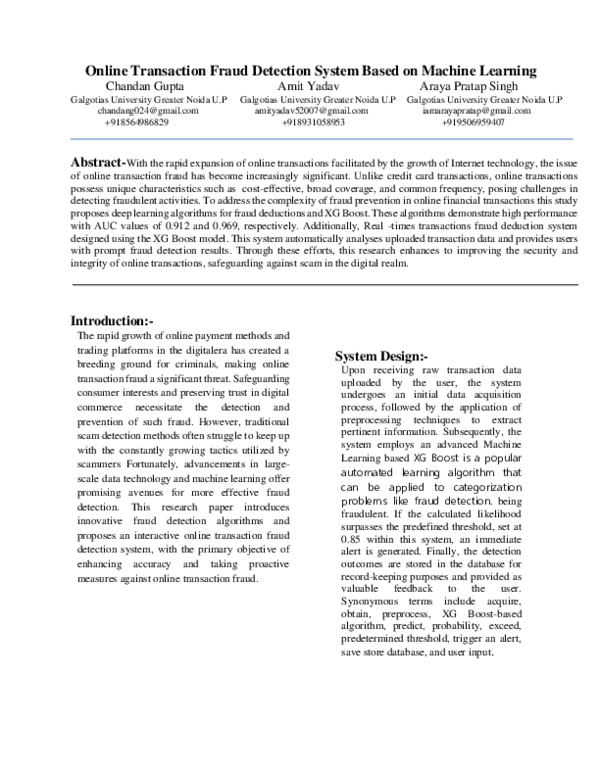 Pdf Online Transaction Fraud Detection System Based On Machine Learning