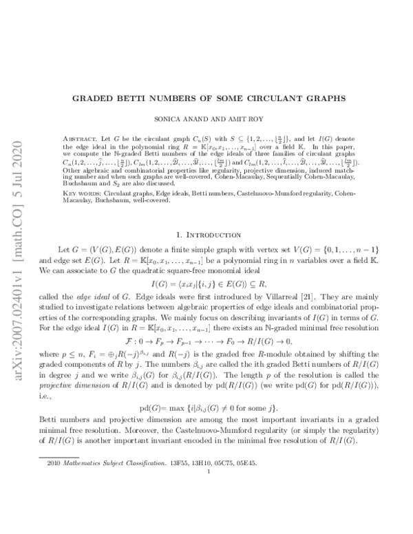 (PDF) Graded Betti numbers of some circulant graphs