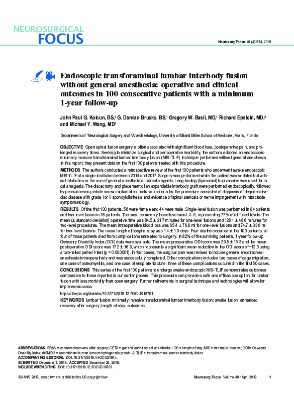 (PDF) Endoscopic transforaminal lumbar interbody fusion: Technical note