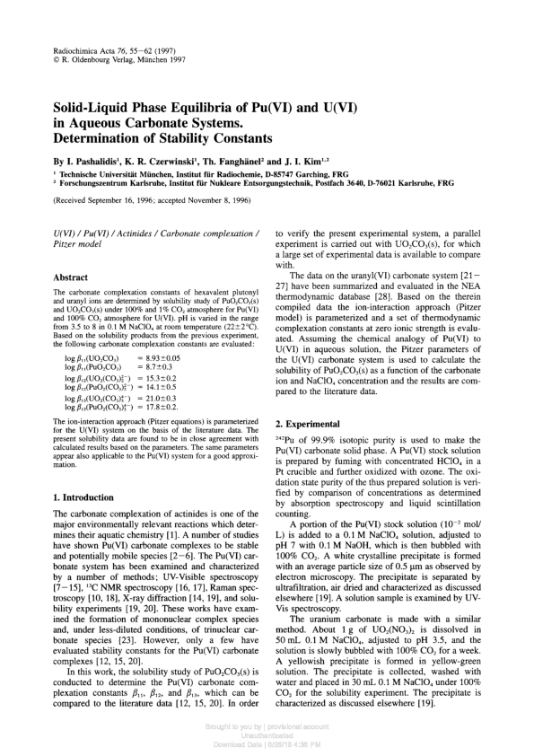 (PDF) Solid-Liquid Phase Equilibria of Pu(VI) and U(VI) in Aqueous Carbonate Systems ...