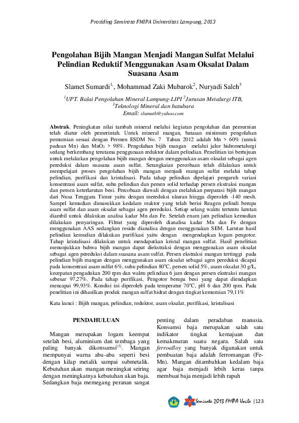 (PDF) Pengolahan Bijih Mangan Menjadi Mangan Sulfat Melalui Pelindian ...