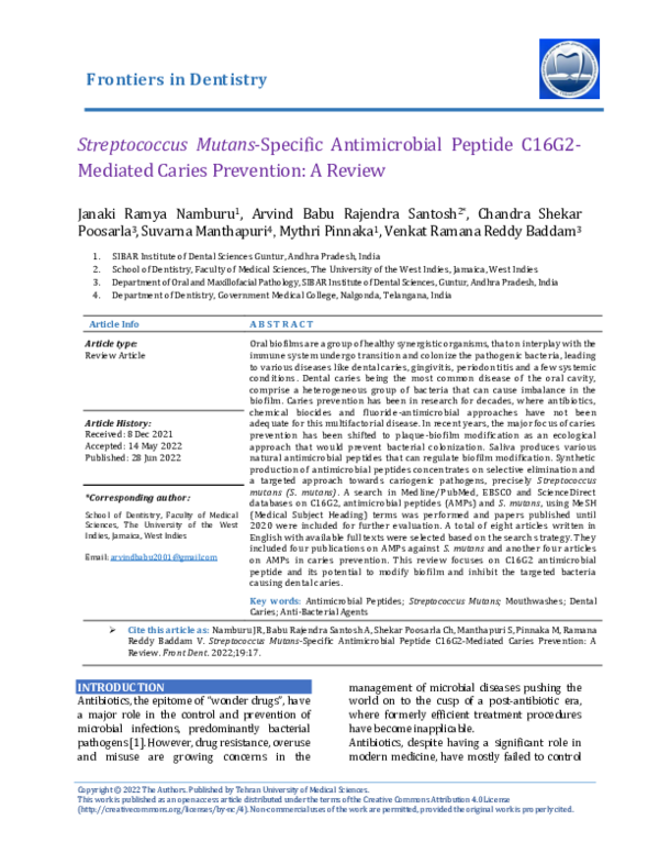 (PDF) Streptococcus mutans-Specific Antimicrobial Peptide C16G2 ...