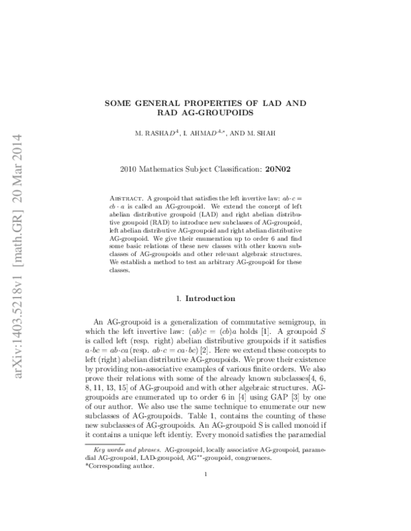(PDF) Some General Properties of LAD and RAD AG-groupoids | imtiaz ...