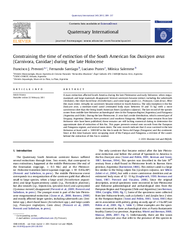 (PDF) CONSTRAINING THE TIME OF EXTINCTION OF THE SOUTH AMERICAN FOX ...