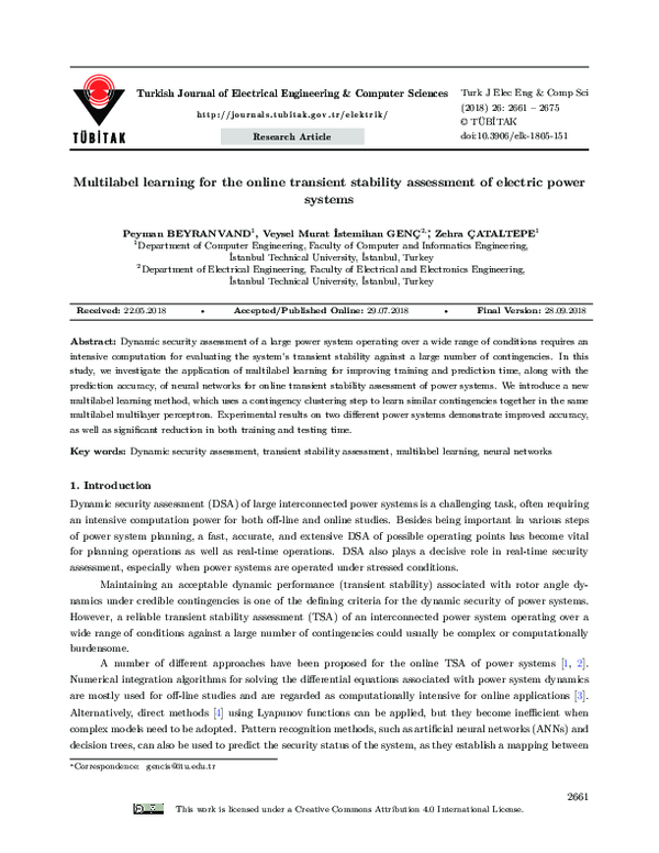 (PDF) Multilabel learning for the online transient stability assessment of electric power systems