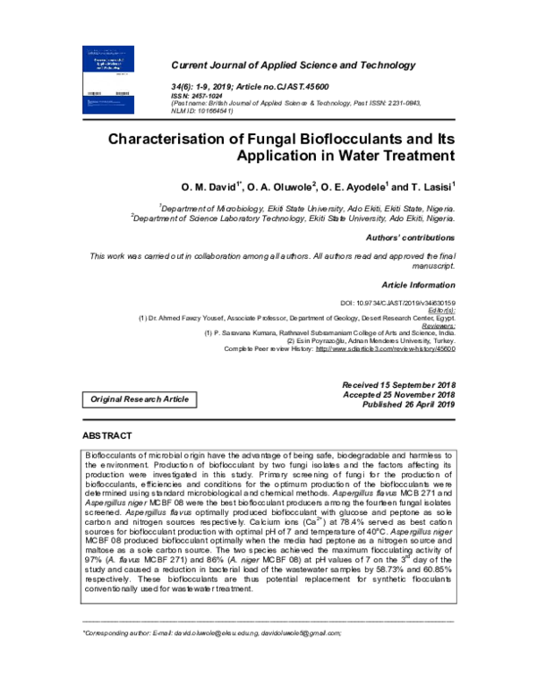 (PDF) Characterisation of Fungal Bioflocculants and Its Application in Water Treatment