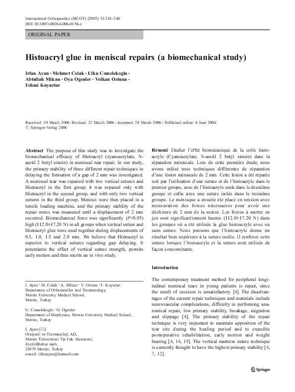 (PDF) Histoacryl glue in meniscal repairs (a biomechanical study)