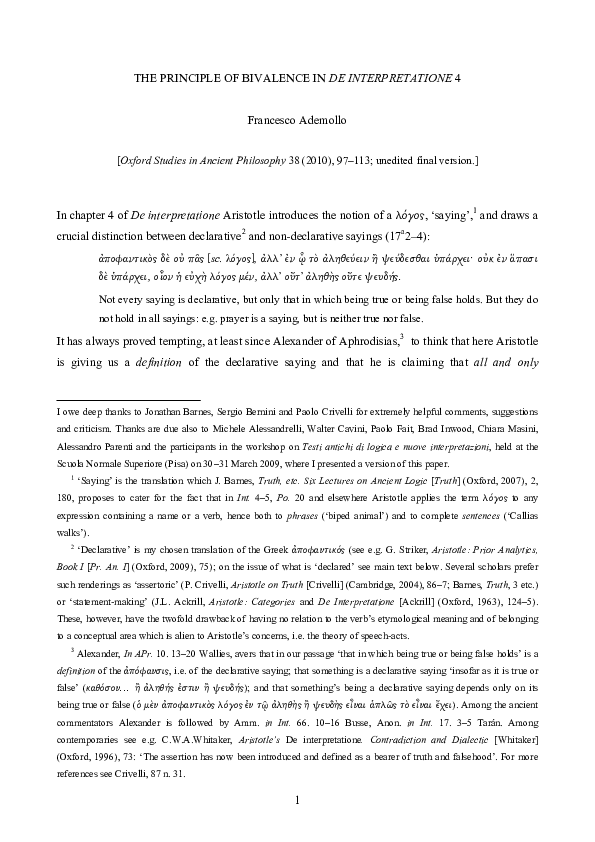 (PDF) The Principle of Bivalence in De interpretatione 4