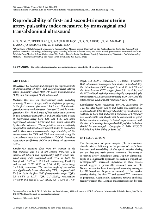 (PDF) The reproducibility of first and second trimester uterine artery ...