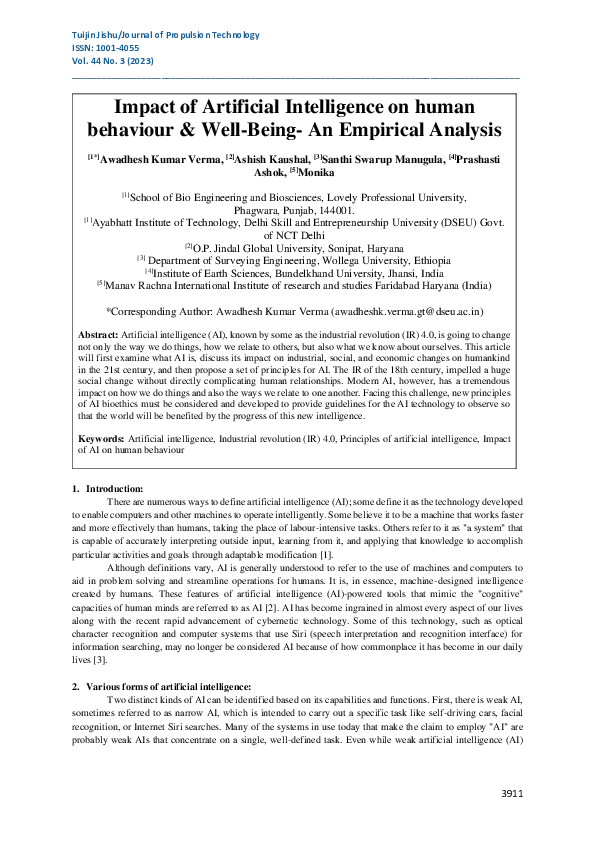 (PDF) Impact of Artificial Intelligence on human behaviour & Well-Being-An Empirical Analysis