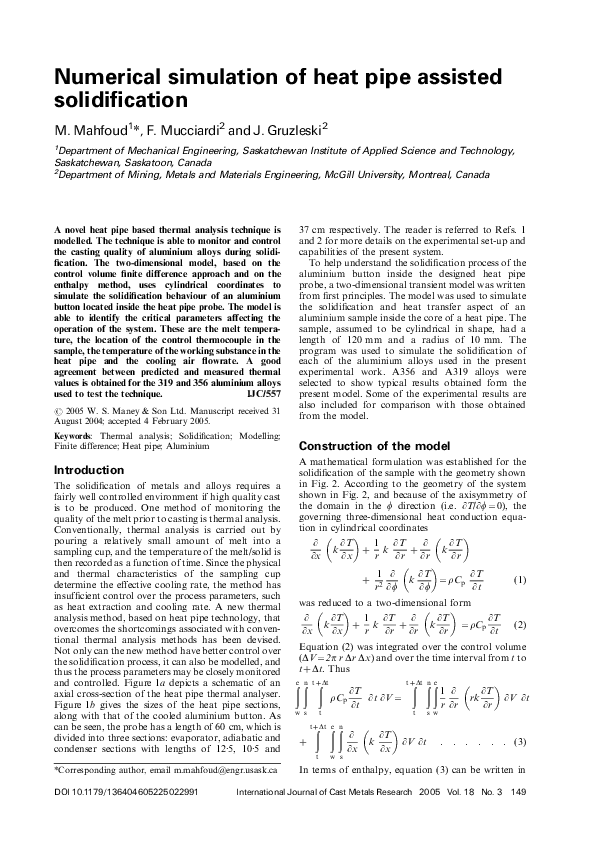 (PDF) Numerical simulation of heat pipe assisted solidification